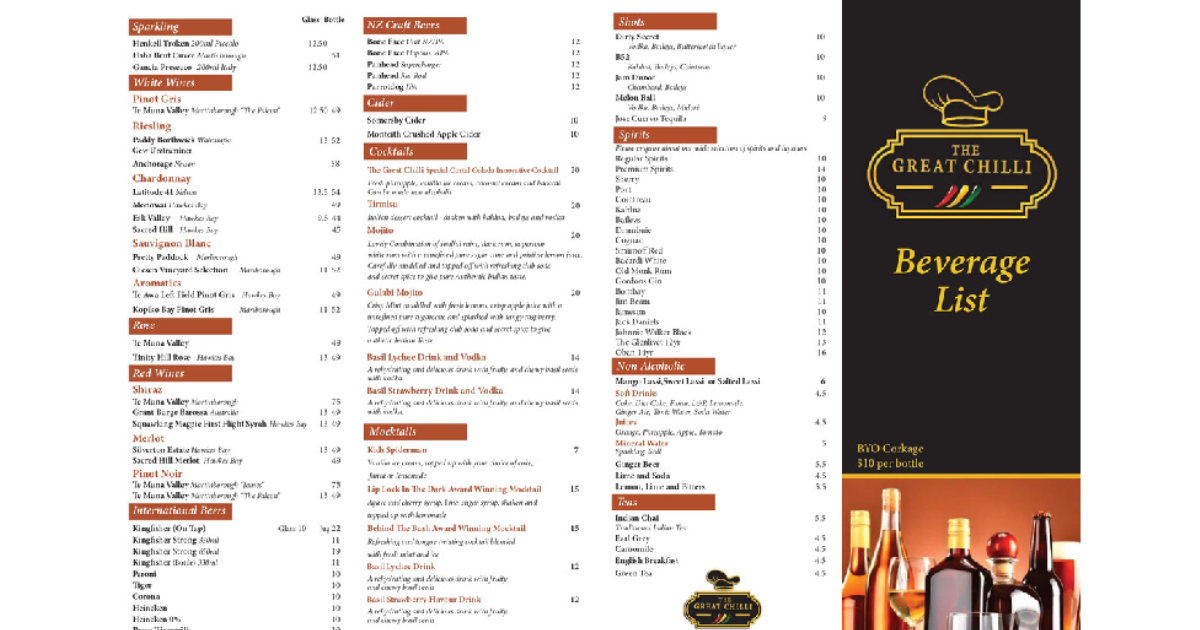 The Great Chilli-Drinks Menu